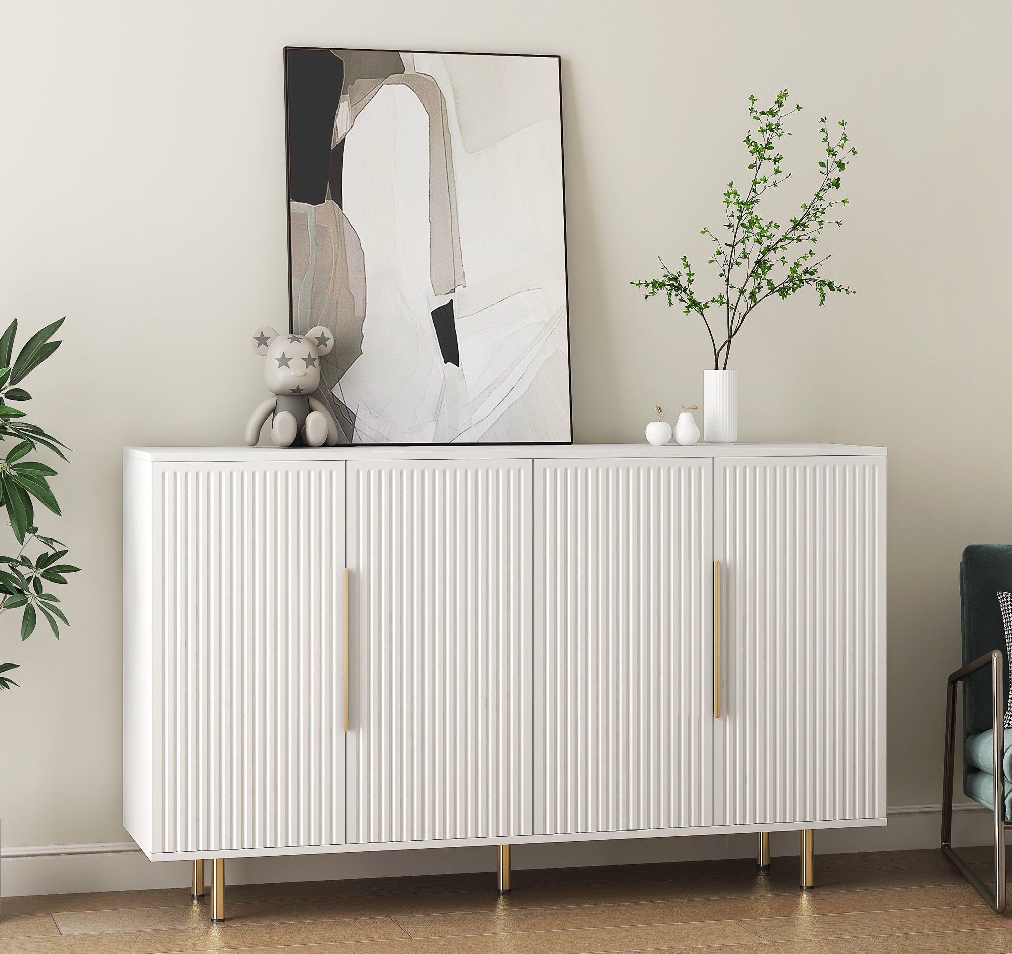 Mercer41 White Modern Buffet Cabinet with Storage Fluted Sideboard Large Buffet Wayfair